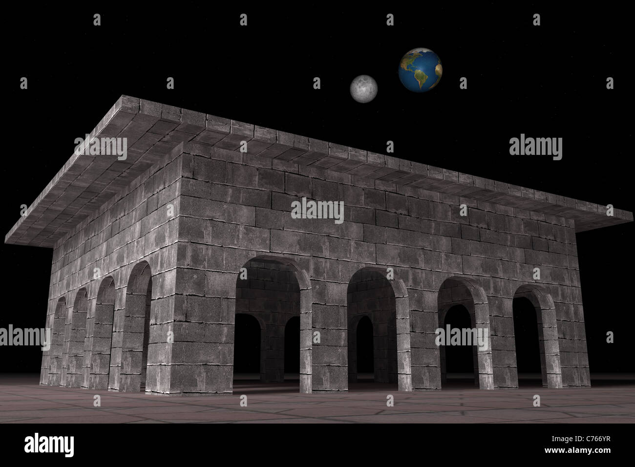 Three dimensional mystic building with eart and moon Stock Photo - Alamy