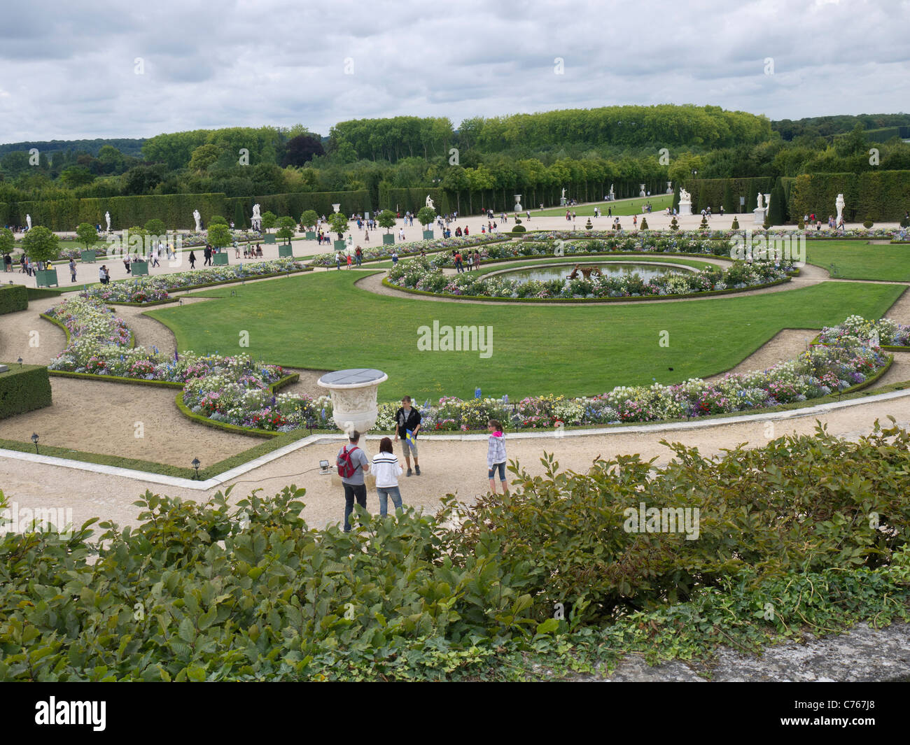 The Chateau of Versailles, Paris France. Flower beds, the Parterre, the ...