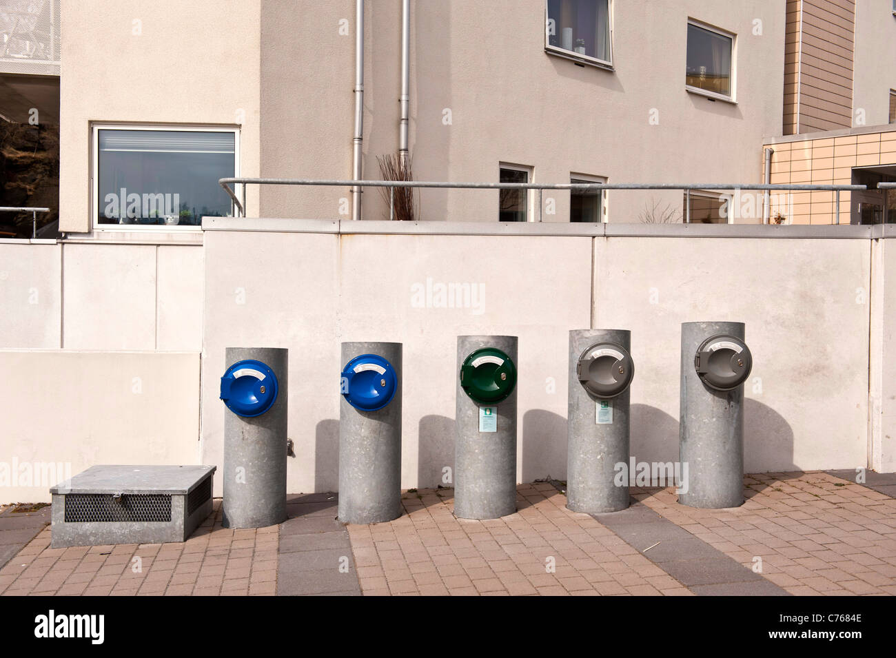 Modern trash collection in Gothenburg Sweden, from left newspapers ...