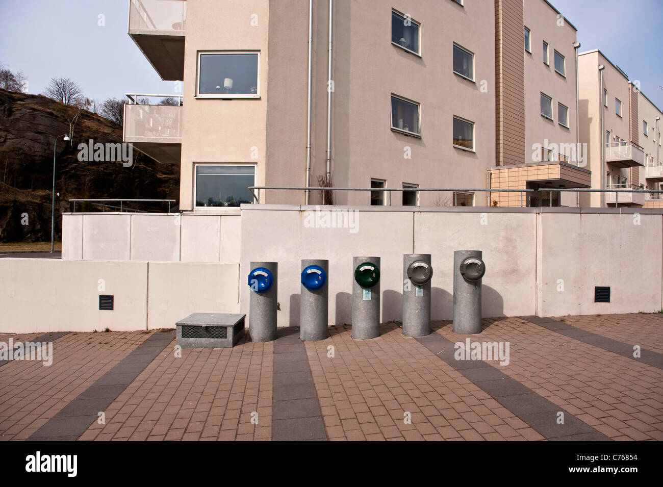 Modern trash collection in Gothenburg Sweden, from left newspapers ...