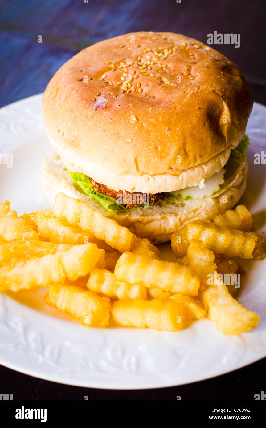 a food close up of chicken burger and fries Stock Photo - Alamy