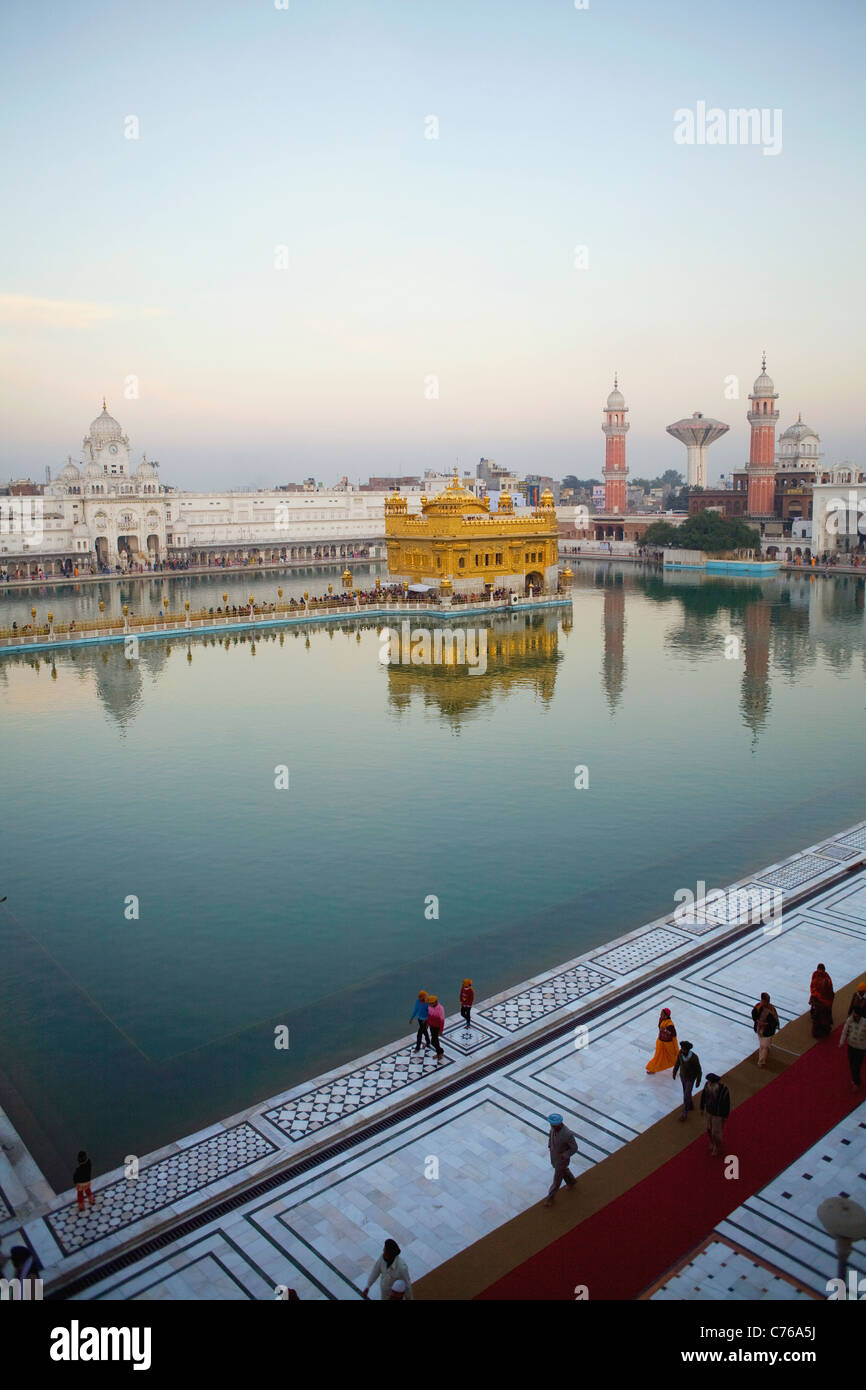 Aerial view of the Golden Temple at dusk in Amritsar, India, Pubjab ...