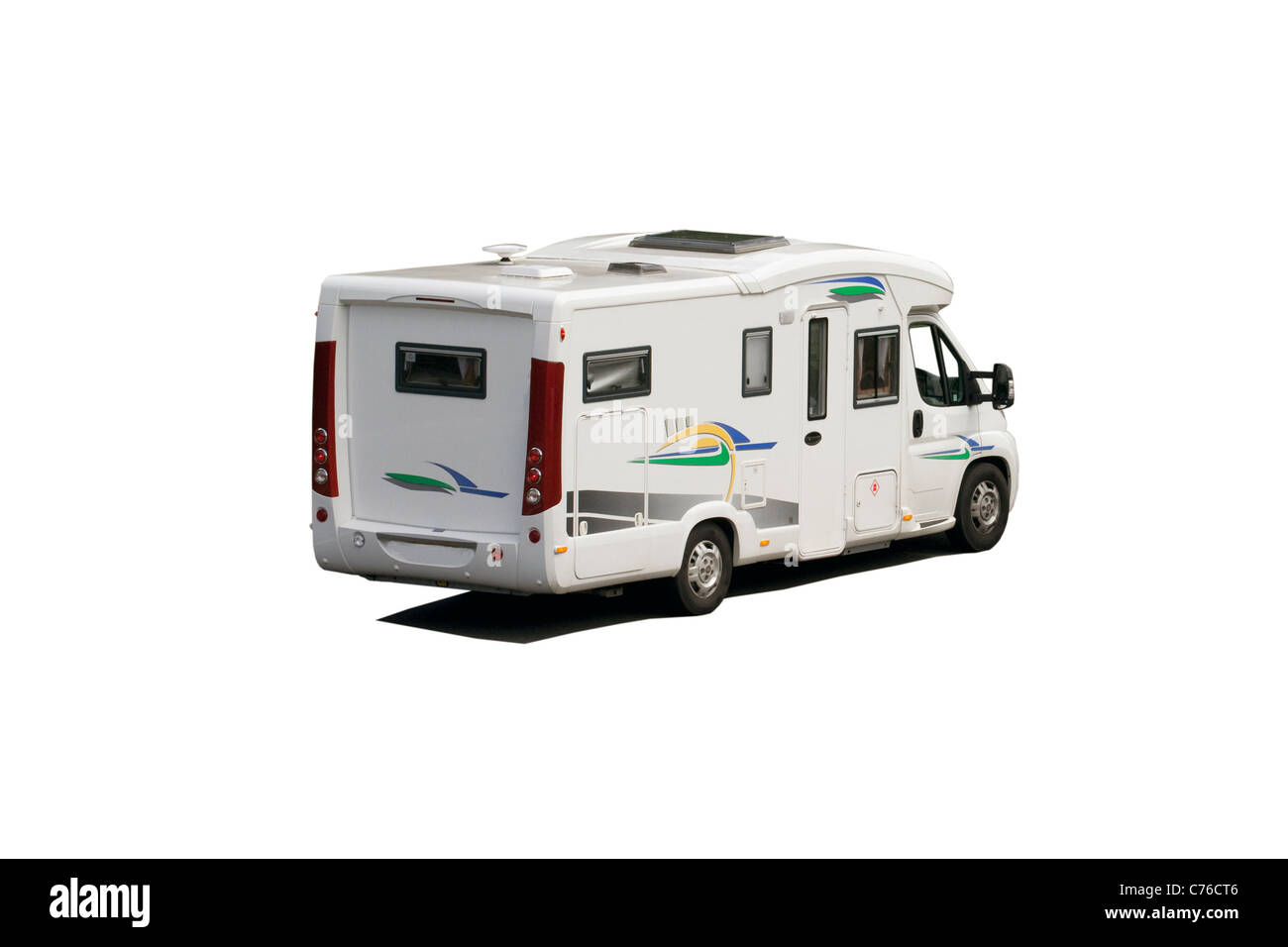 A white camper van or RV is isolated against a white background ...