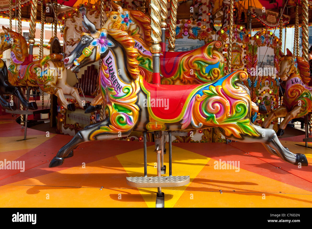 Fairground carousel ride. horse "Elizabeth" Fairground at Bournemouth ...