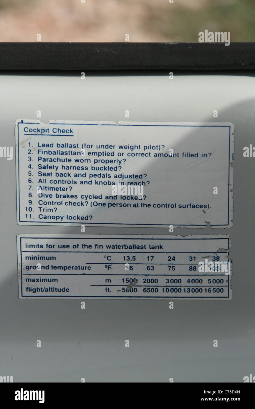 cockpit check list inside glider plane aircraft Stock Photo - Alamy