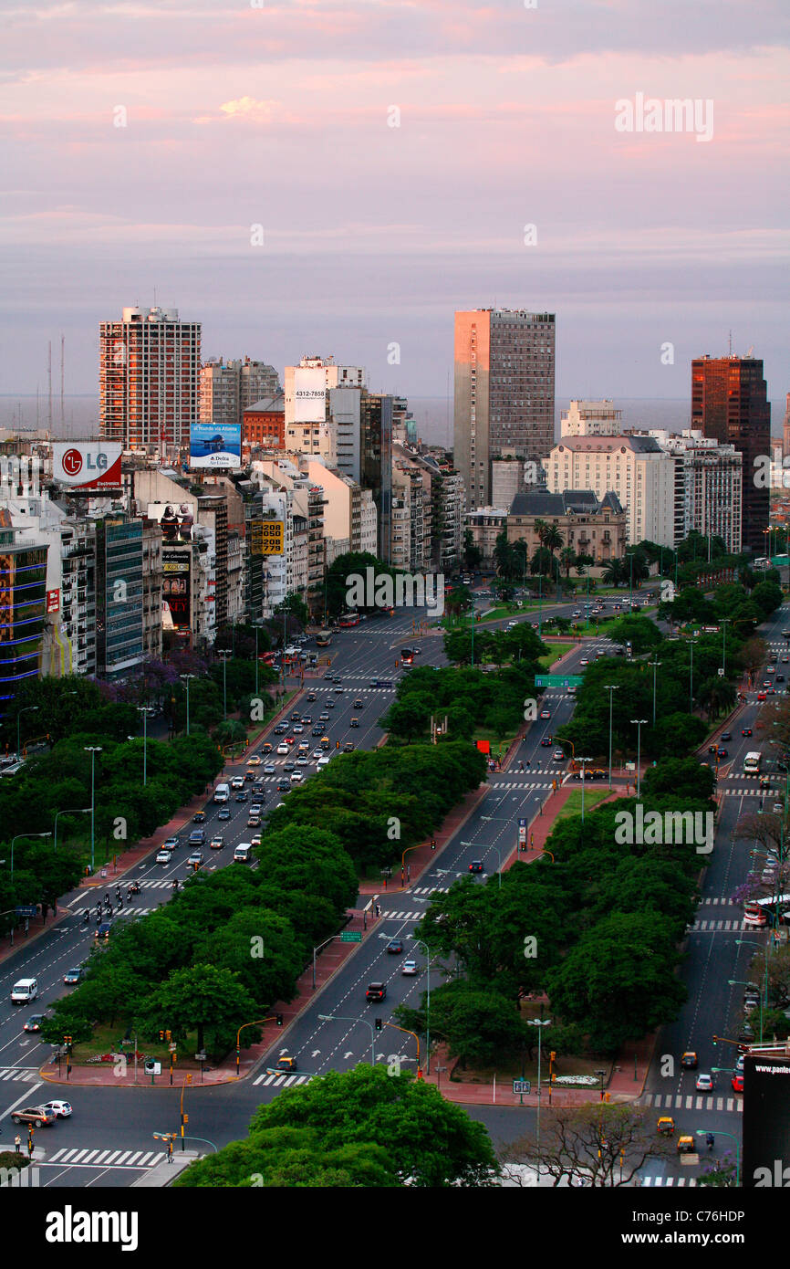 Aerial View of the busy streets and distant skyline of Buenos Aires ...