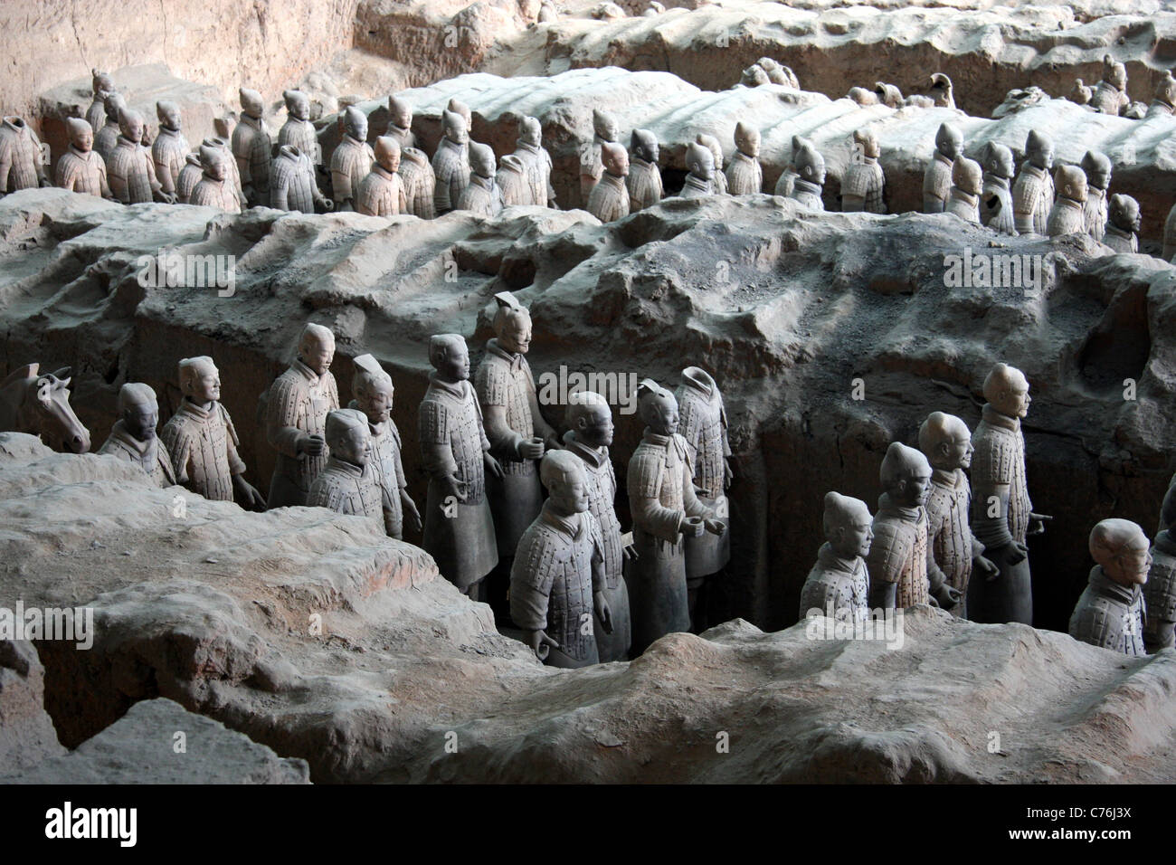 Side view of three of the many parallel pits holding restored ...