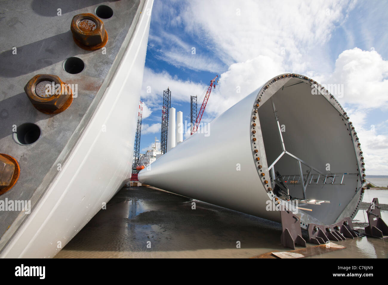 Wind turbine parts on the docks at Mostyn due for the Walney offshore ...