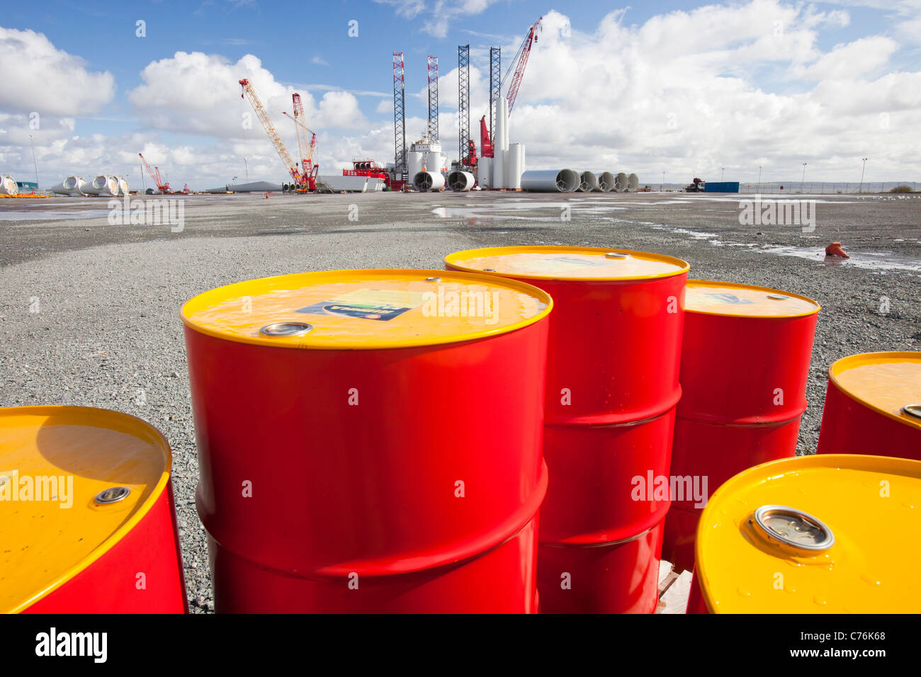 A jack up barge loading with wind turbine parts in Mostyn, for the ...