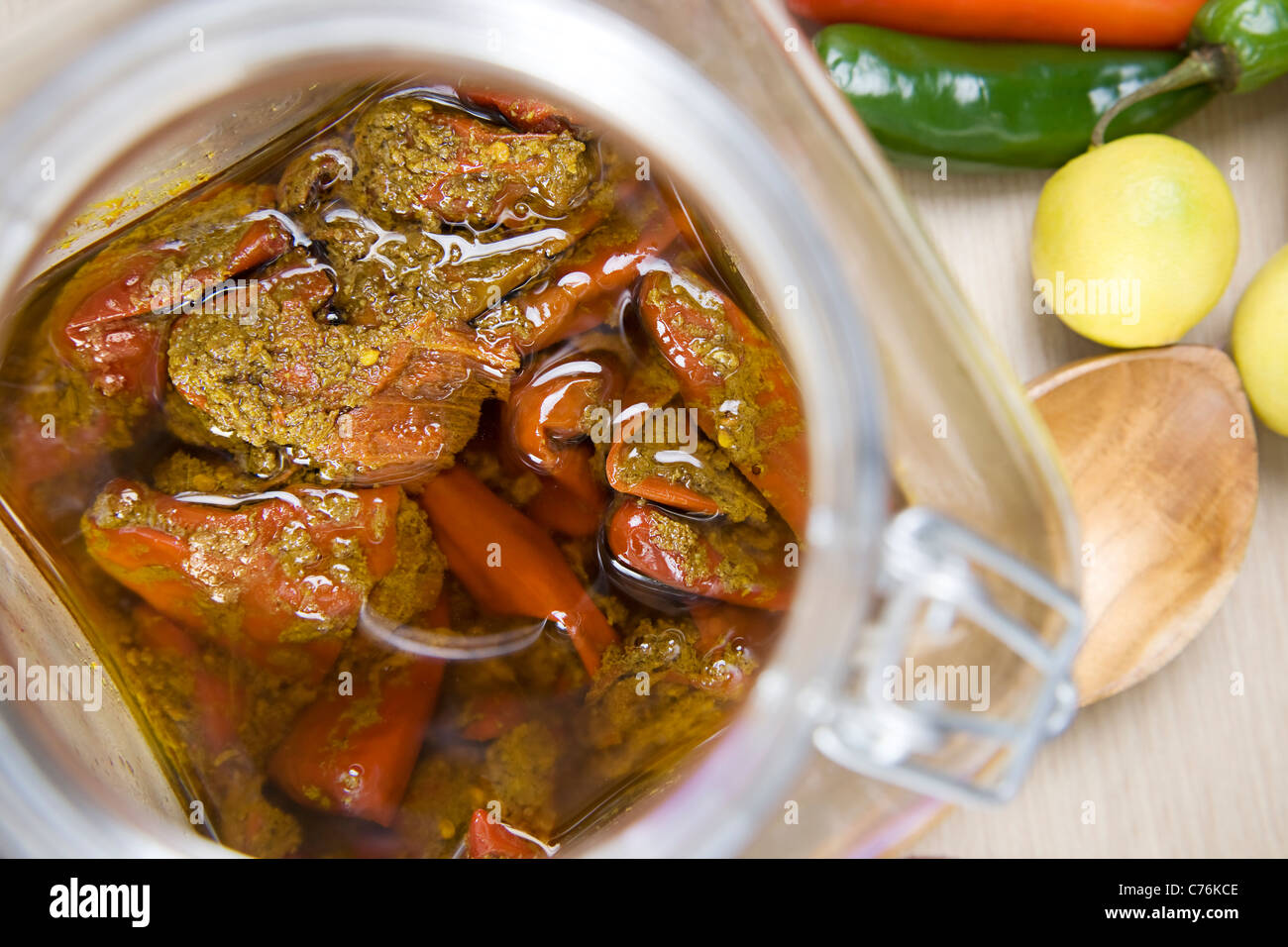 Stuffed red chilli pickle in a jar Stock Photo - Alamy
