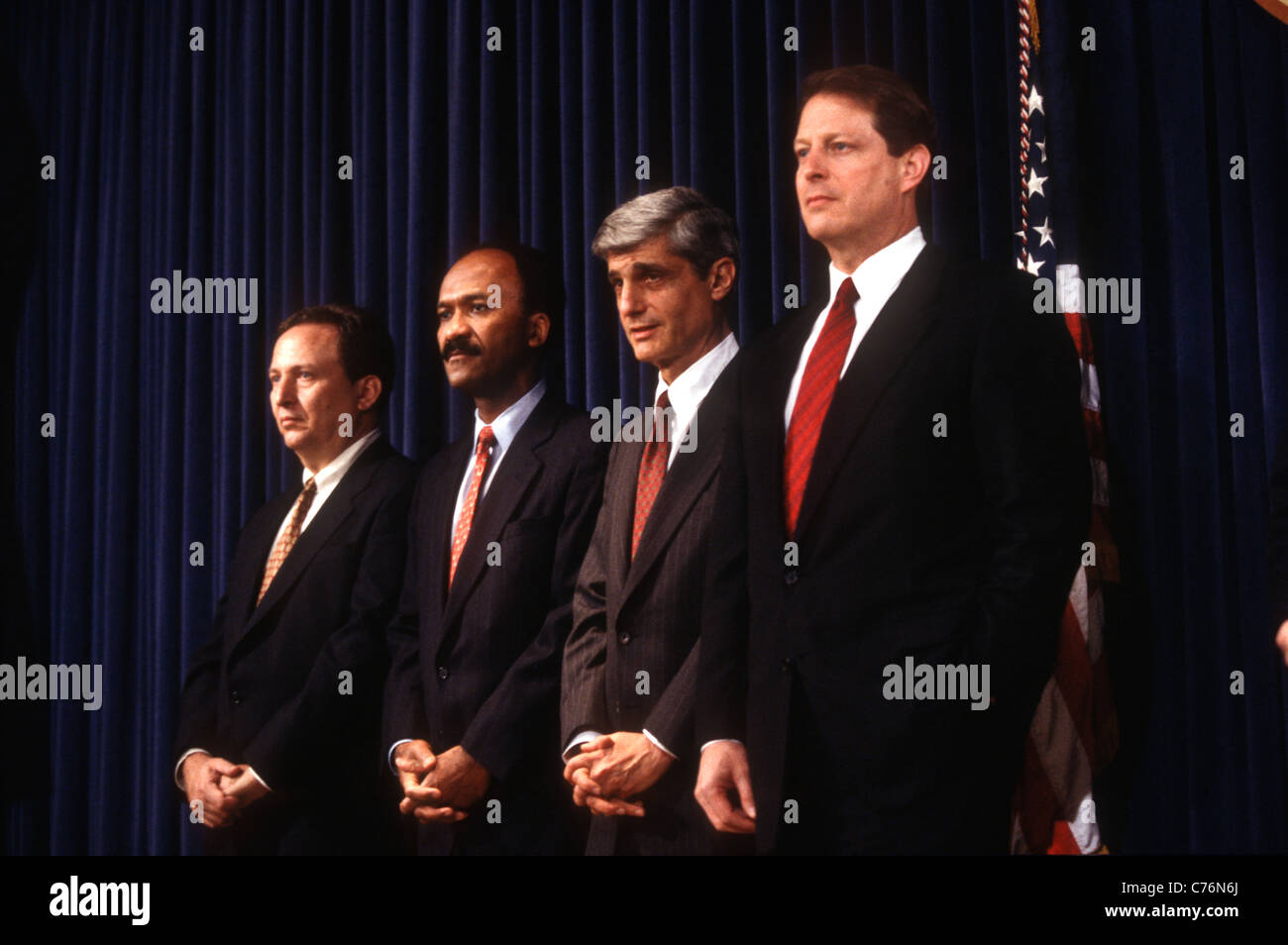 (L-R) Lawrence Summers, Franklin Raines, Robert Rubin and Al Gore ...