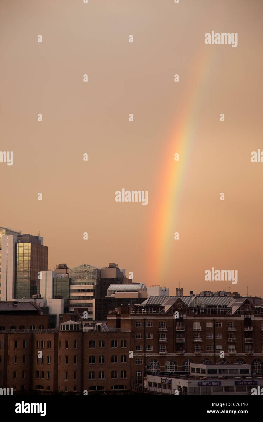 England, London, Rainbow over Docklands Skyline and River Thames Stock ...