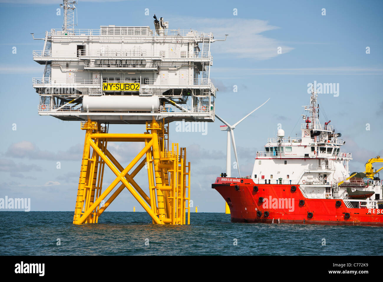 A cable laying vessel near one of the sub stations at the Walney ...