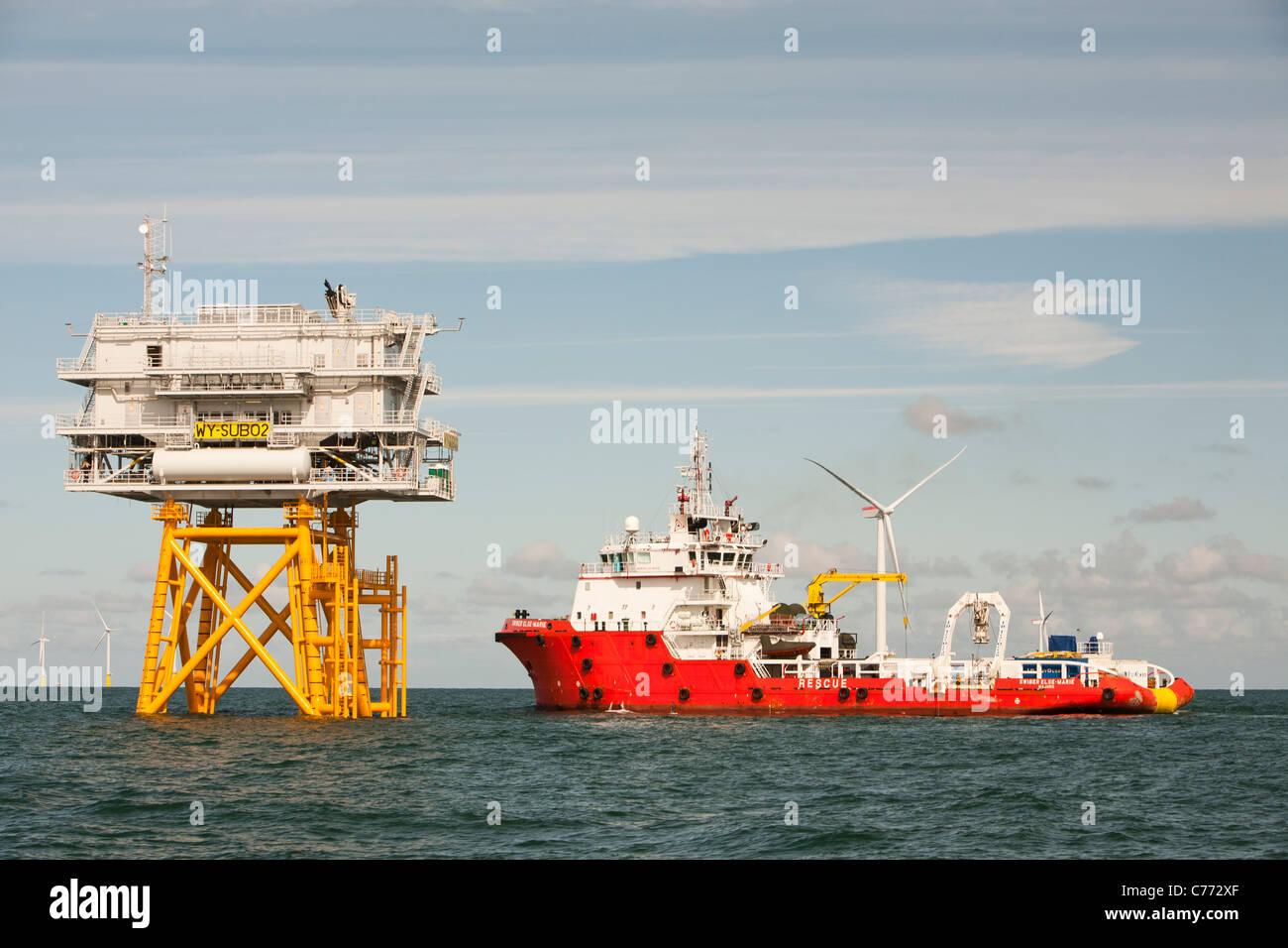 A cable laying vessel near one of the sub stations at the Walney ...