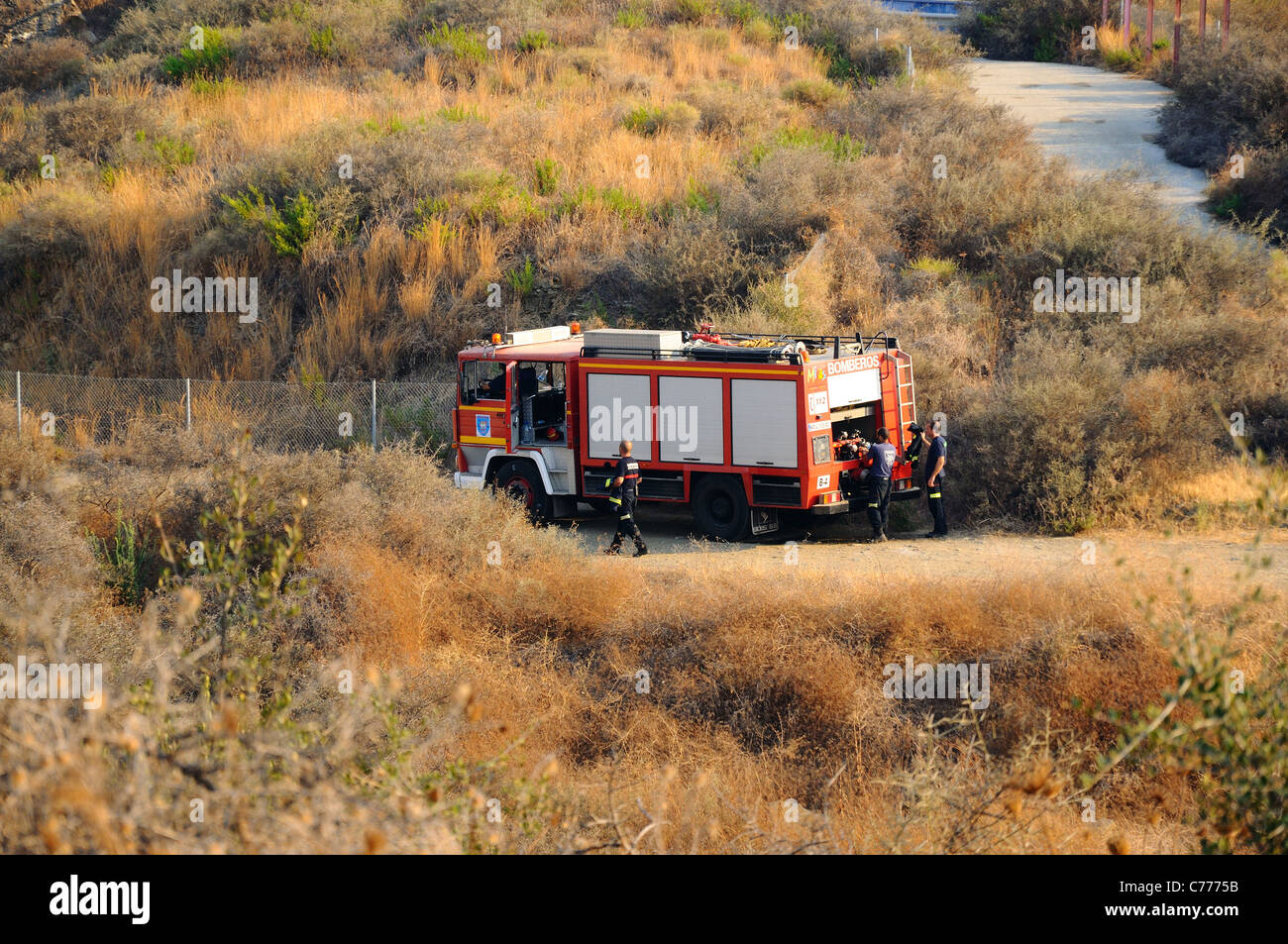 Fire engine on dirt track, Cabopino Golf, Costa del Sol, Malaga ...