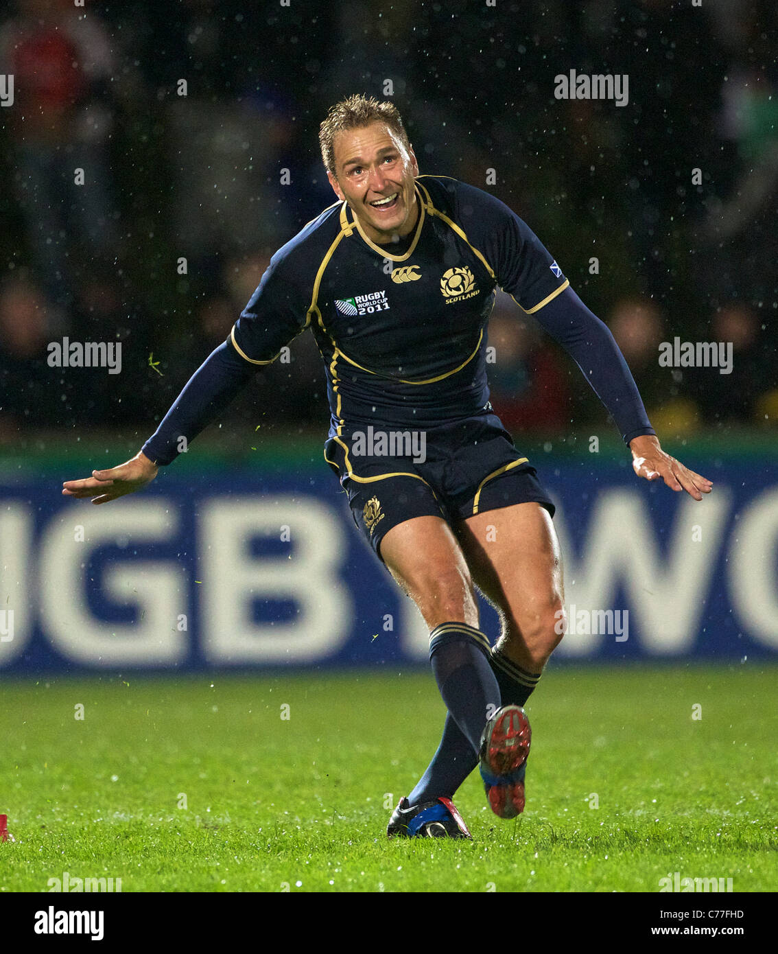 Dan Parks, Scotland, kicks a penalty during the Scotland V Georgia Pool ...