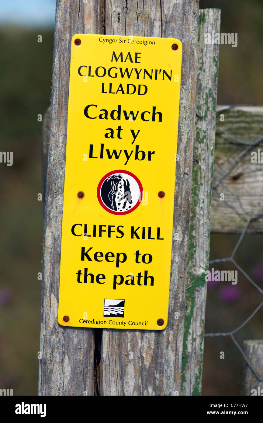 TRESAITH, WALES, SIGN, DANGER, CLIFFS, WELSH, NOTICE, PATH, COAST Stock ...