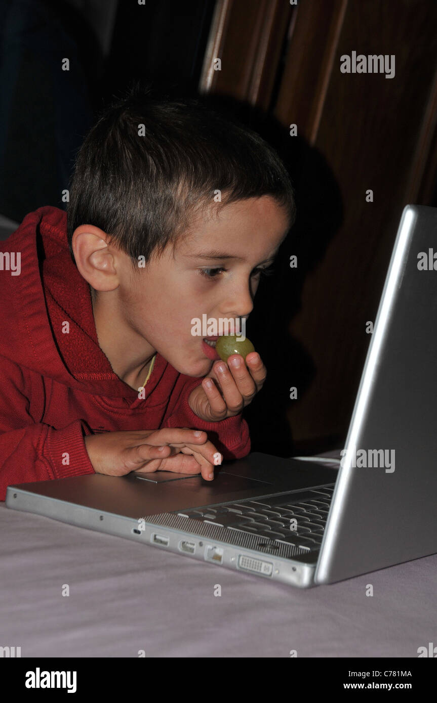 young boy looking at his computer Stock Photo - Alamy