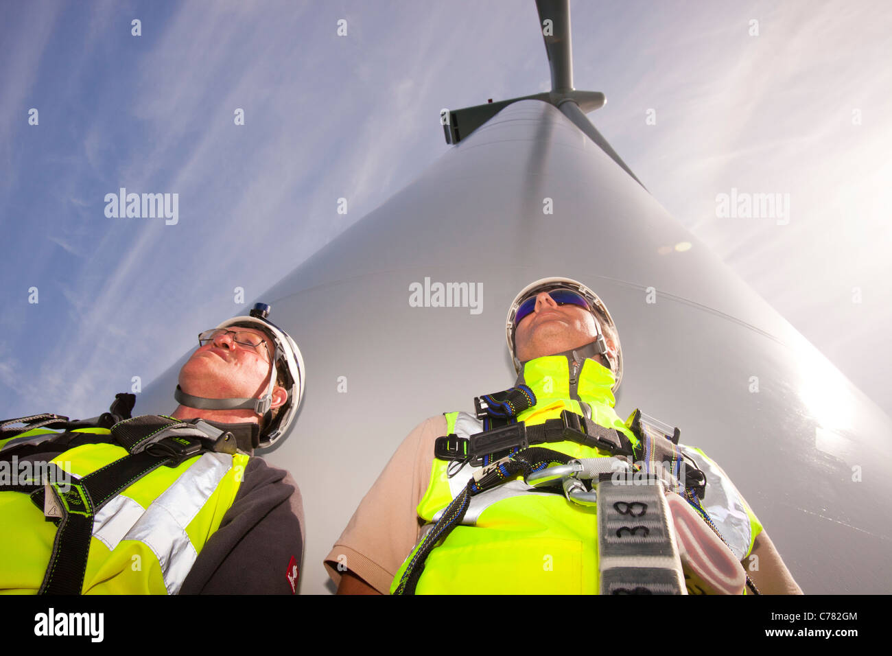 Health and safety workers on a turbine at the Walney offshore wind farm ...