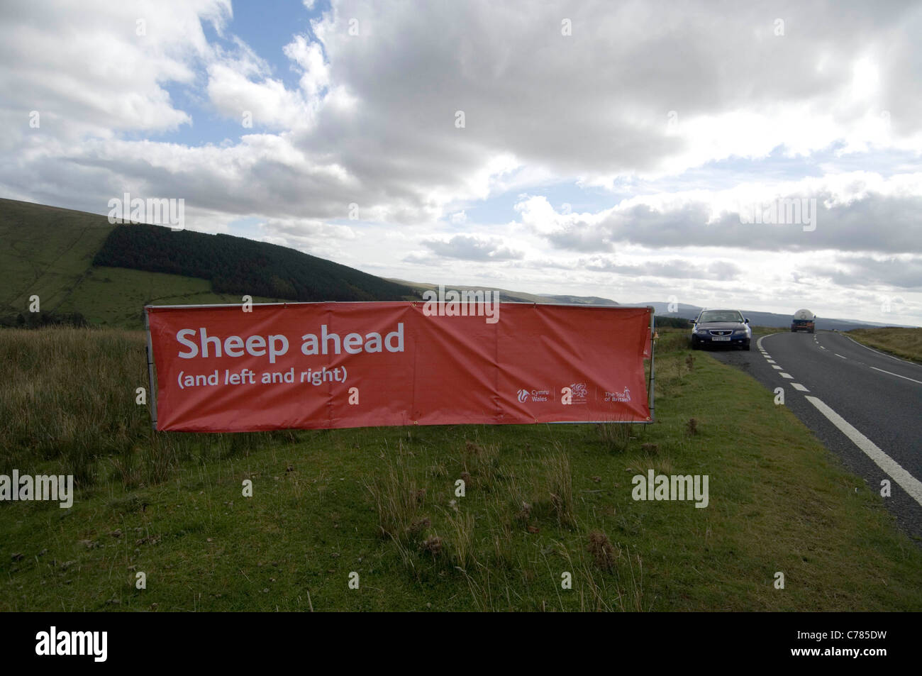 Sheep ahead signs in the Brecon Beacons national park in South Wales ...