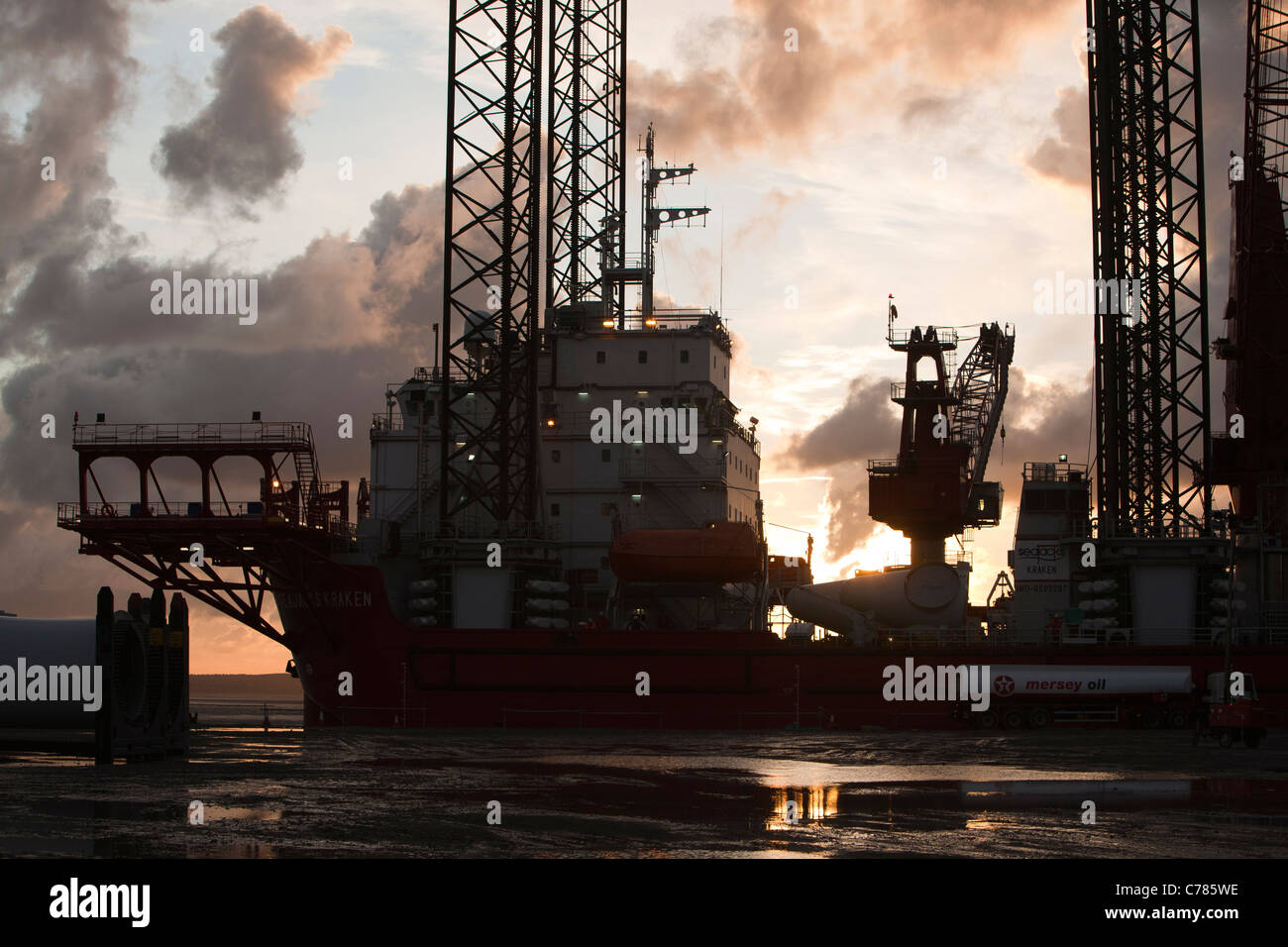 A jack up barge loading wind turbine parts at Mostyn for the Walney ...