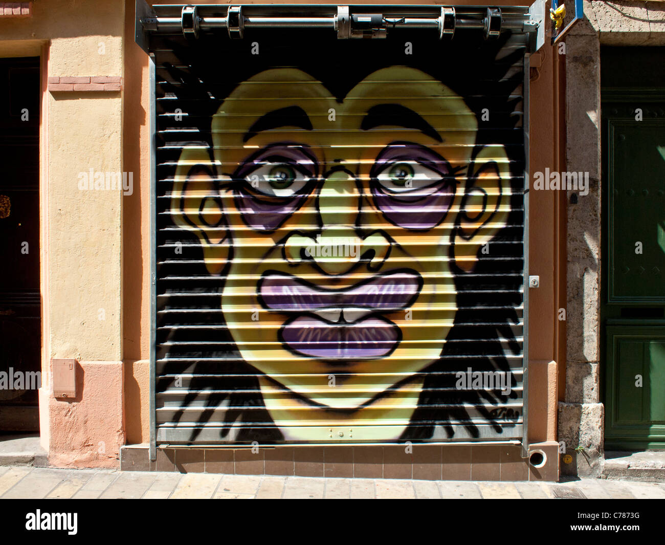Large face painted as graffiti on a store shutter in Perpignan France ...