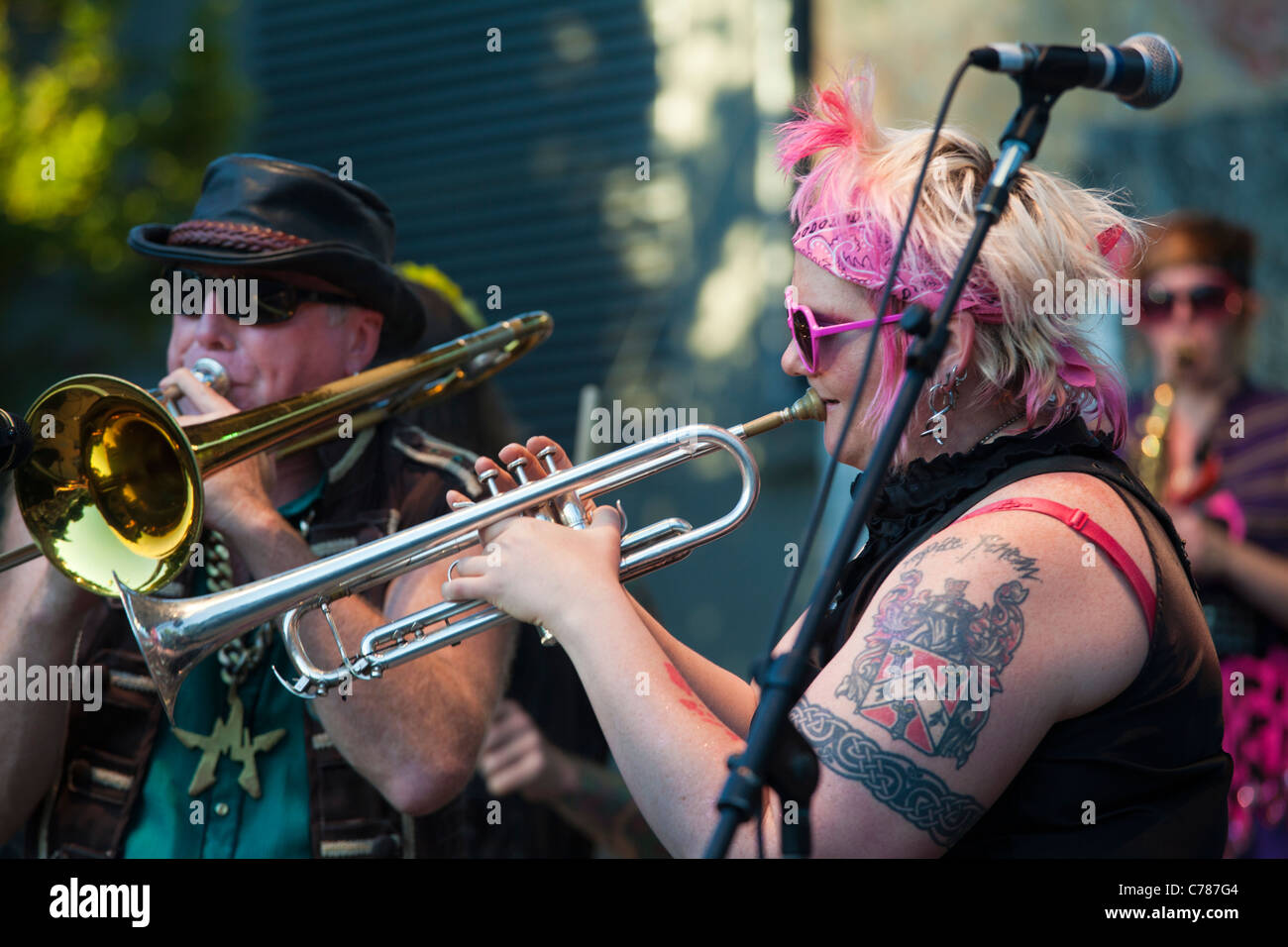 Trumpeter and trombonist, March Fourth Marching Band, Bumbershoot 2011 ...