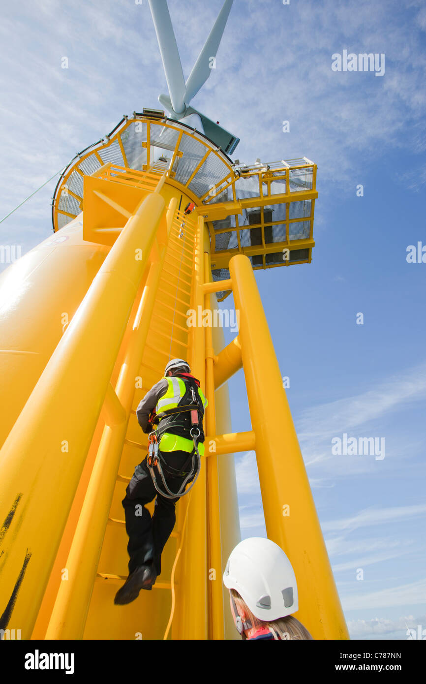 A worker climbing a wind turbine at the Walney offshore wind farm Stock ...
