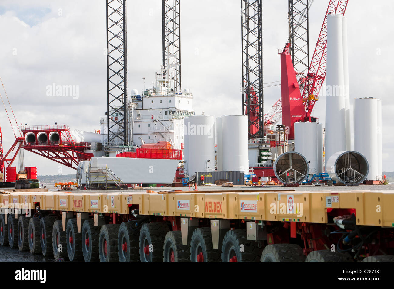 Wind turbine parts destined for the Walney offshore wind farm on the ...