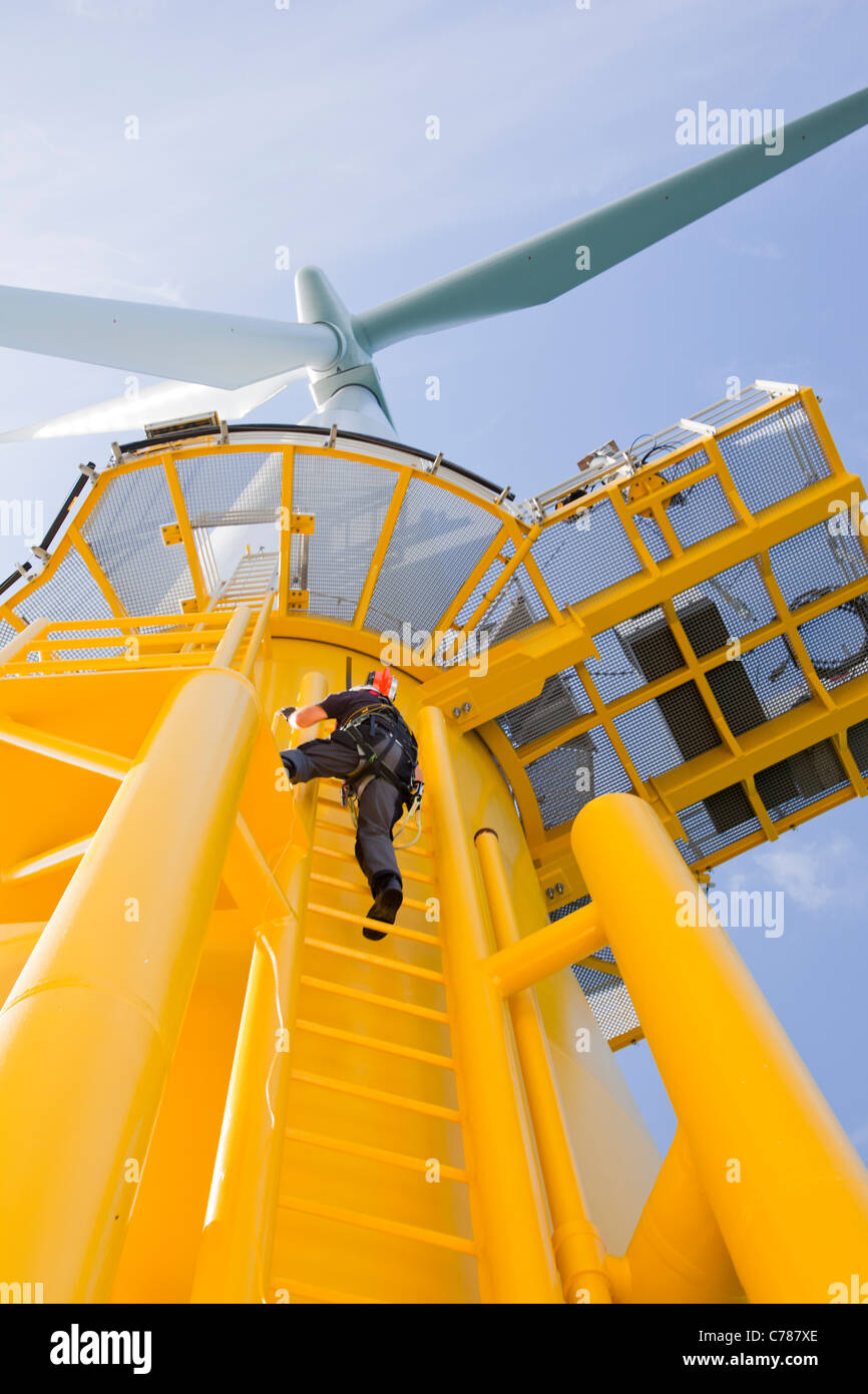 A worker climbing a wind turbine at the Walney offshore wind farm Stock ...