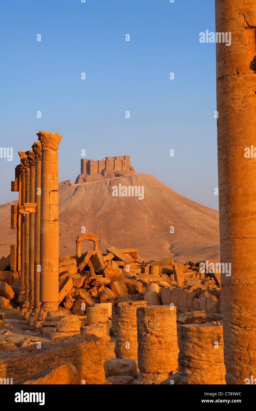 The Colonnaded Street and the Arab Castle, Palmyra, Syria Stock Photo ...