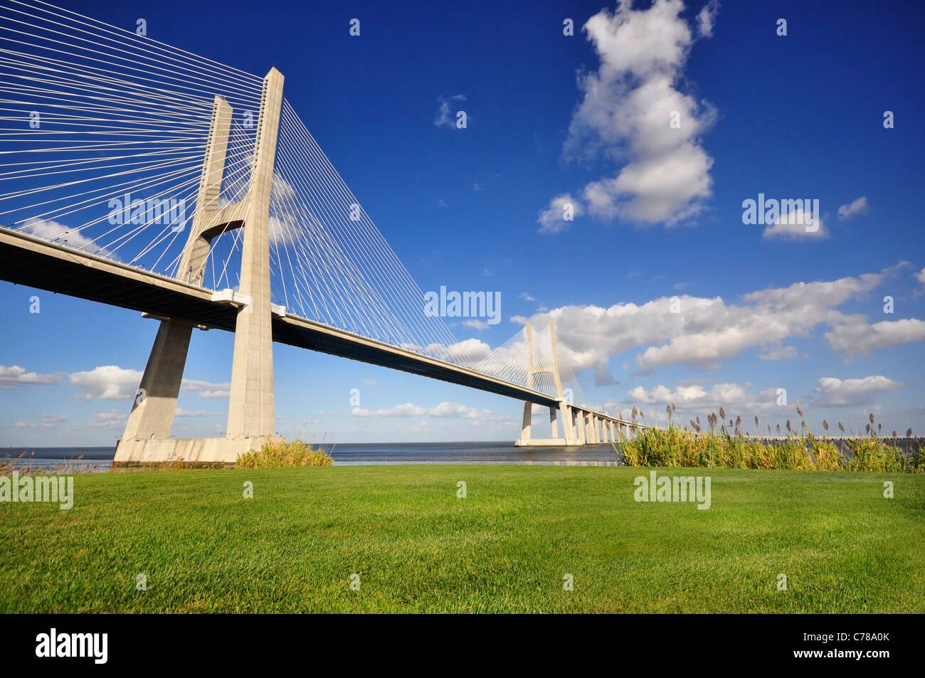Vasco da Gama bridge, crossing the Tagus river, in Lisbon, Portugal ...