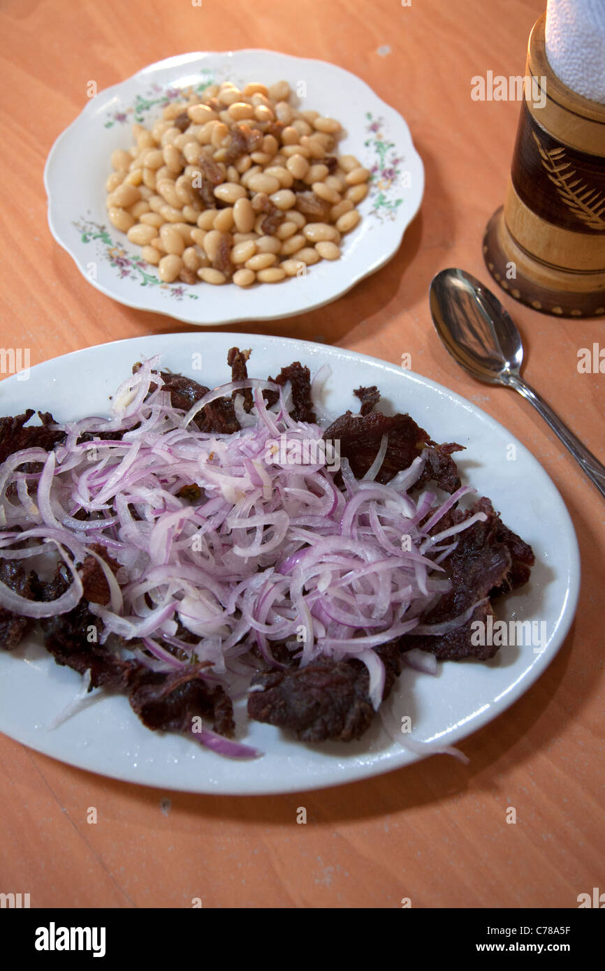 Carne Seca, or dried beef, at a traditional picanteria in Ferranafe ...