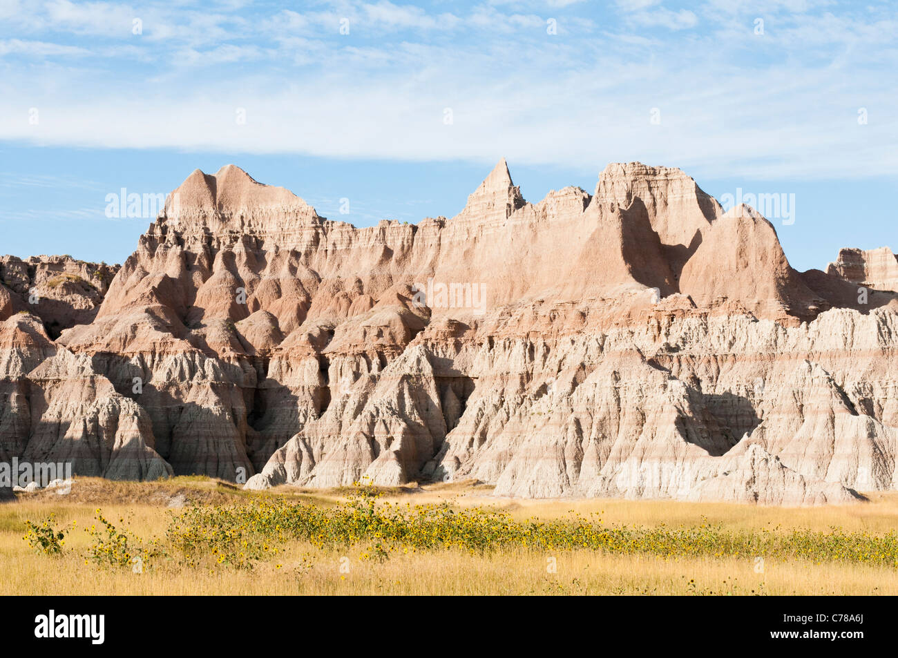 Sunflowers are shown in the foreground as sculpted spires rise above ...