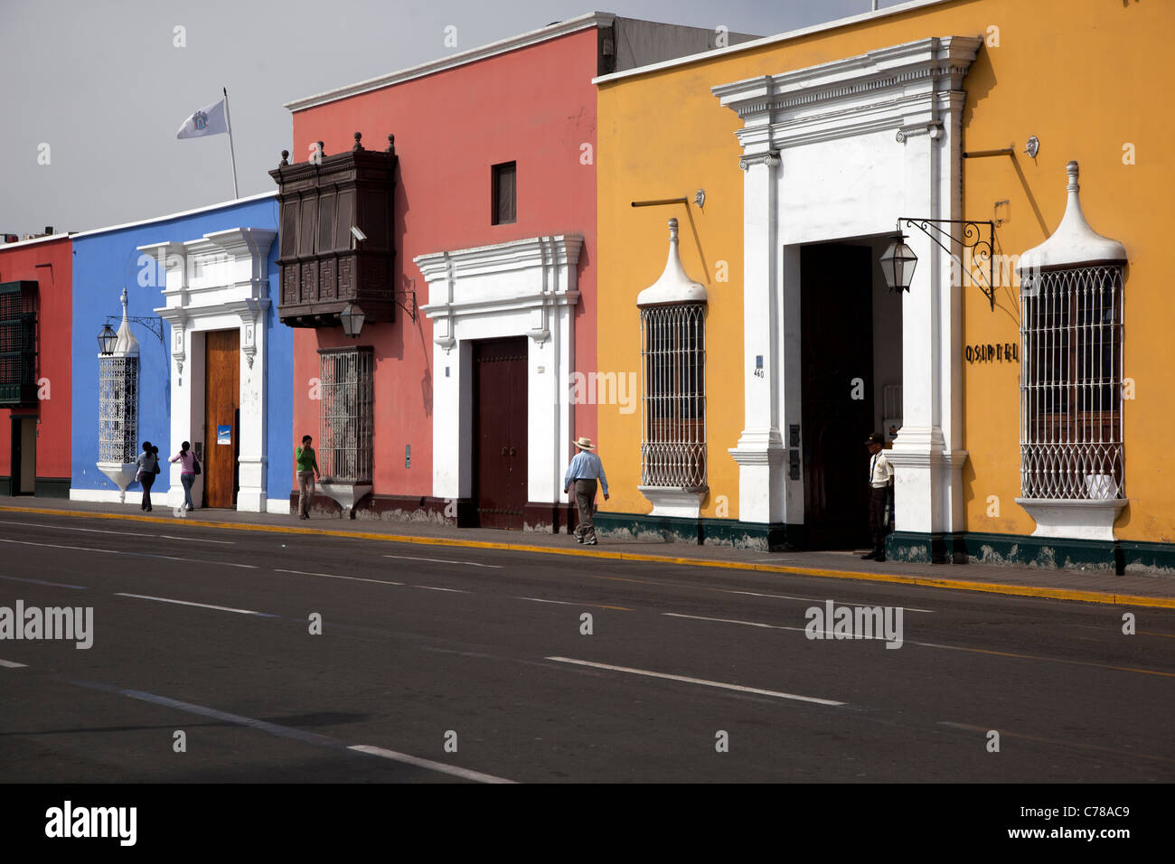 Brightly painted colonial era buildings that front Trujillo', Peru's ...