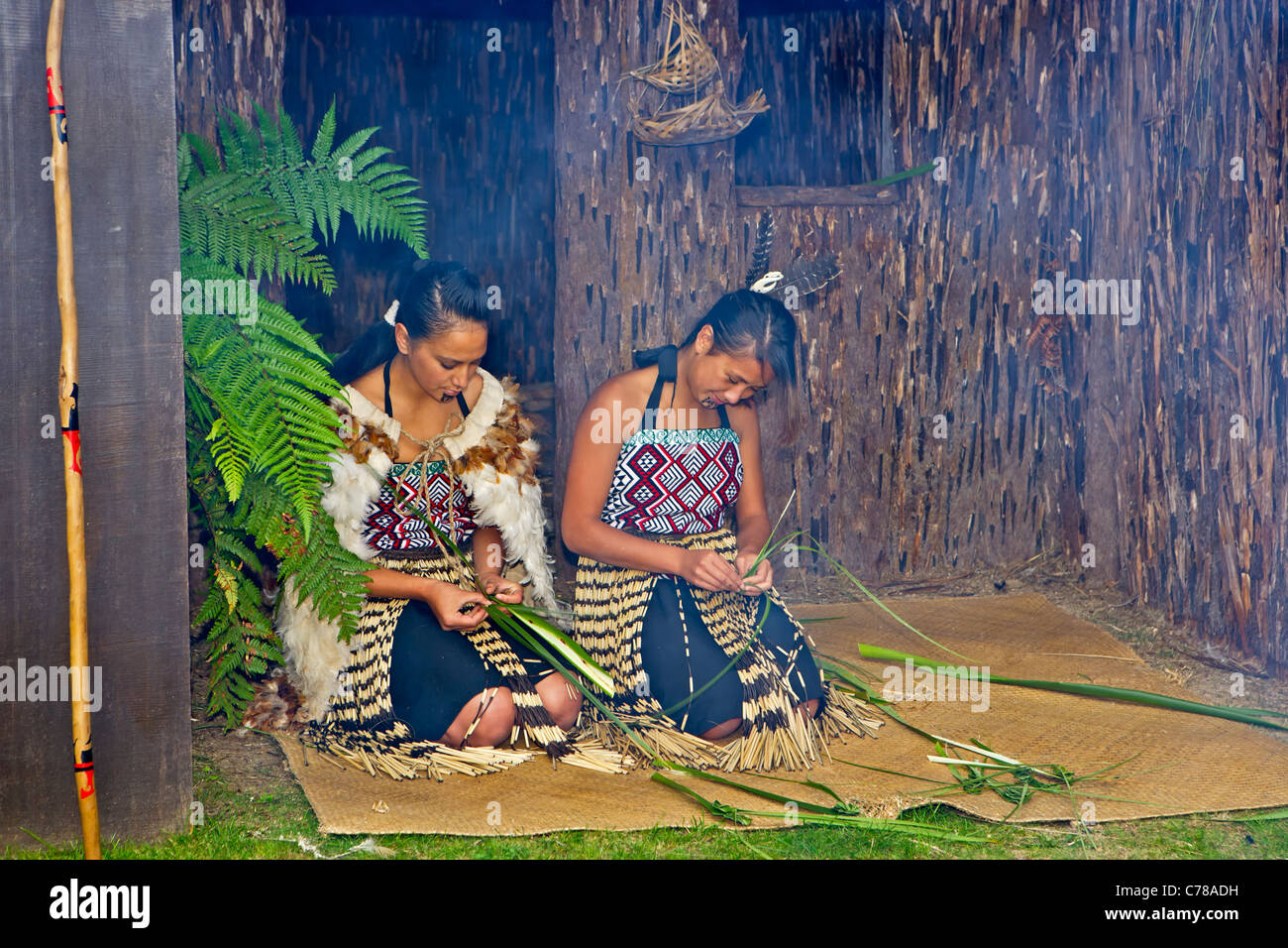 Maori flax weaving demonstration at the Wairakei Terraces near Taupo ...
