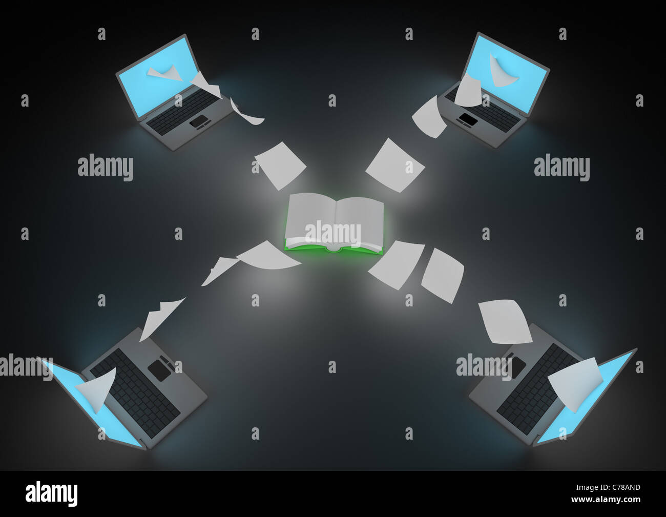 render of an open book distributing information to laptops Stock Photo ...