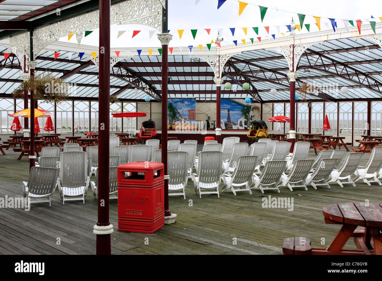 Empty seats in the summerhouse on the North Pier at Blackpool ...