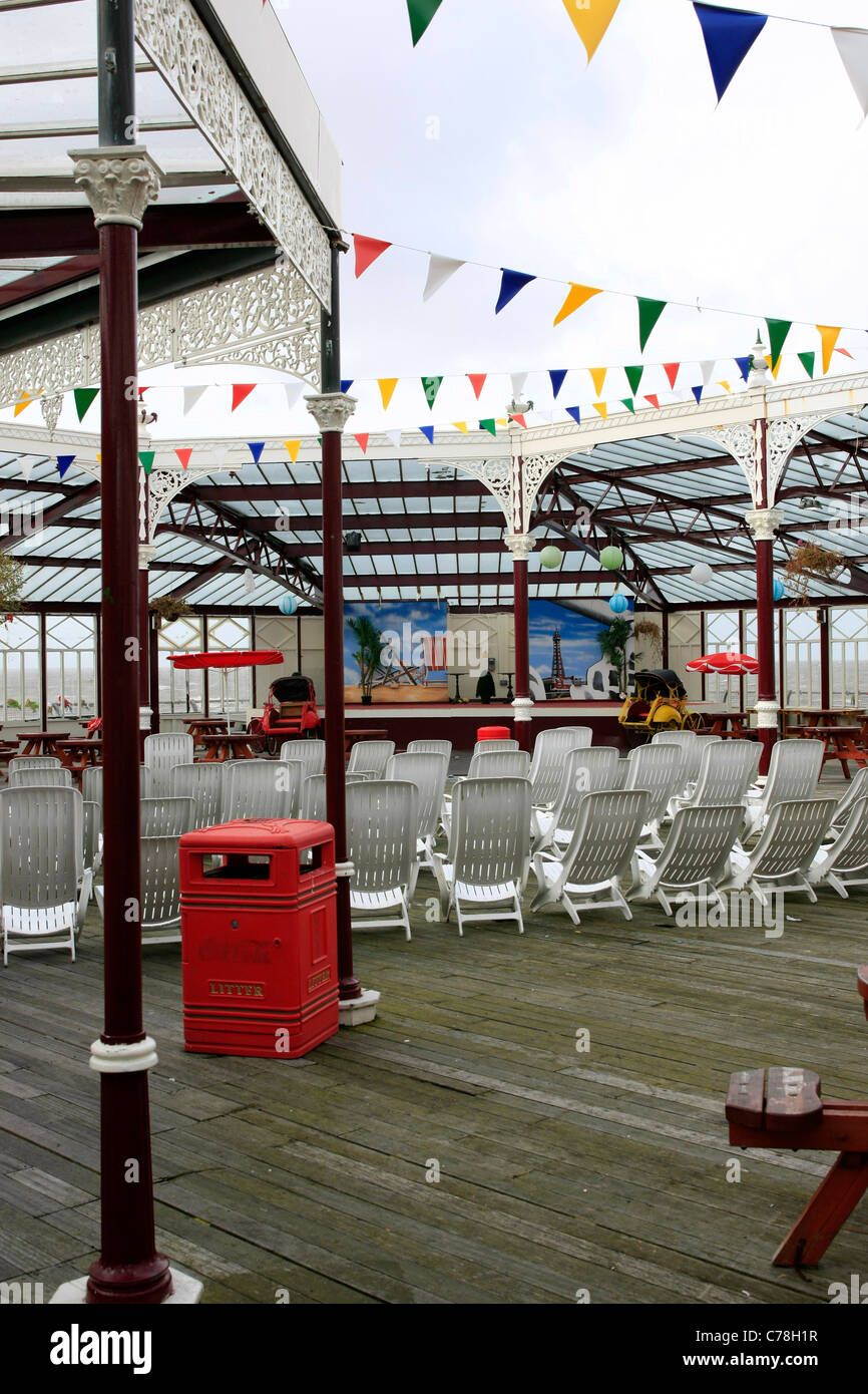 Empty seats in the summerhouse on the North Pier at Blackpool ...