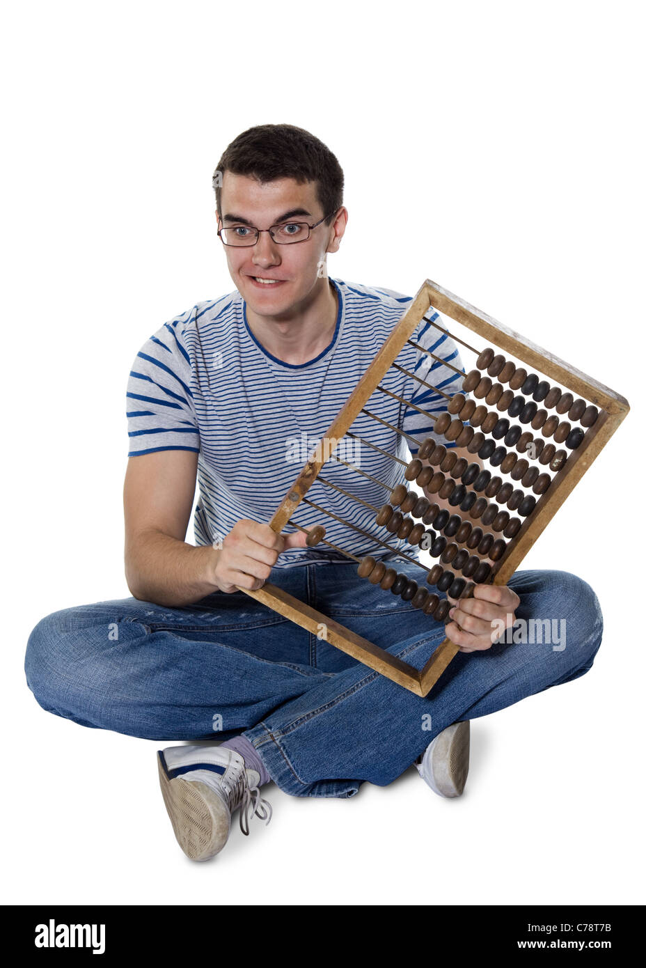 Angry accountant makes tax calculation wooden abacus Stock Photo - Alamy