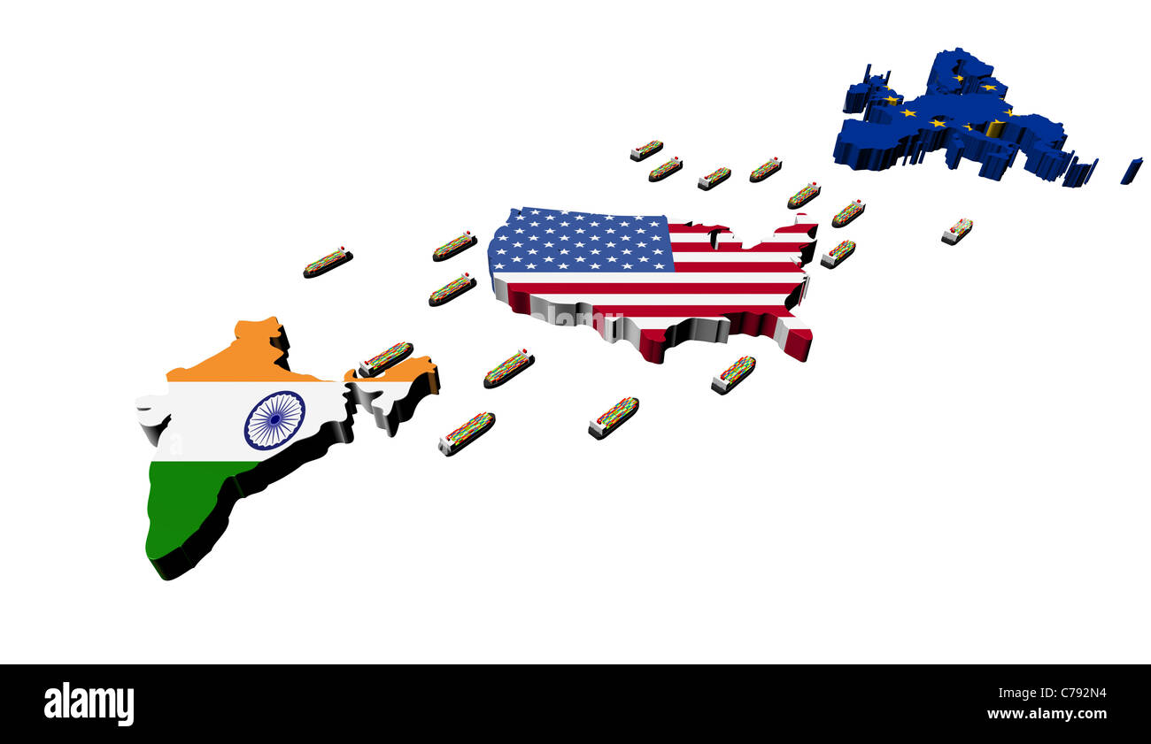 India USA EU trade with container ships illustration Stock Photo - Alamy