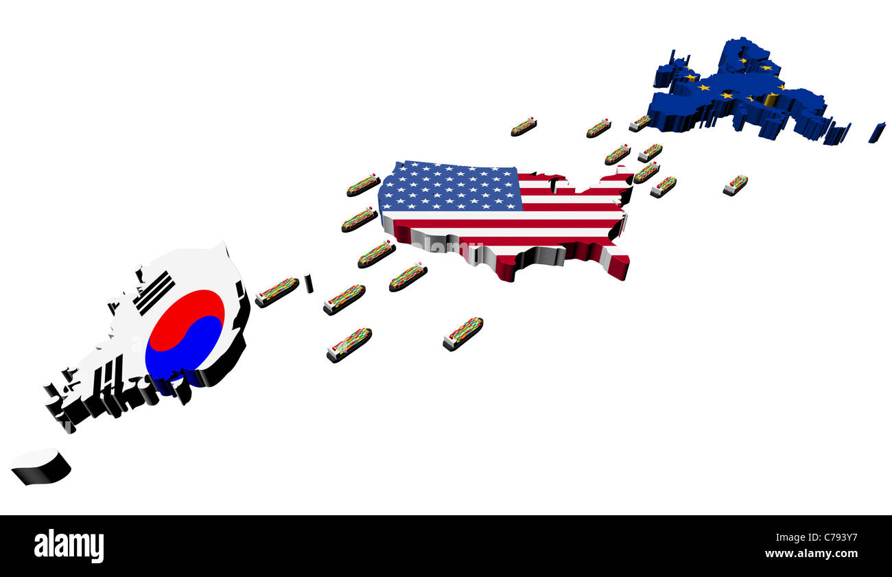 Korea USA EU trade with container ships illustration Stock Photo - Alamy