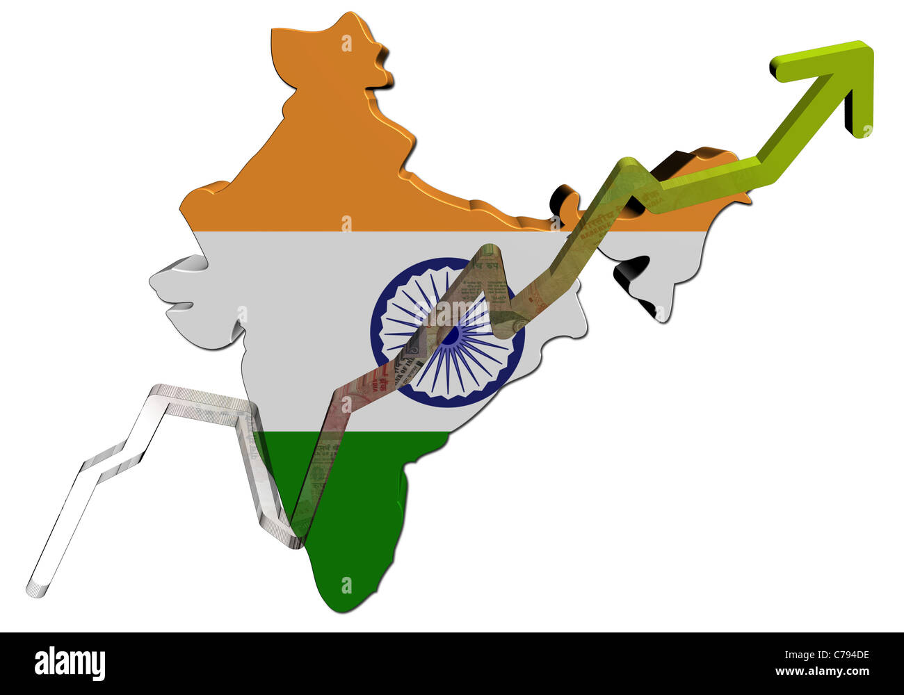 Rupees graph on India map flag illustration Stock Photo - Alamy
