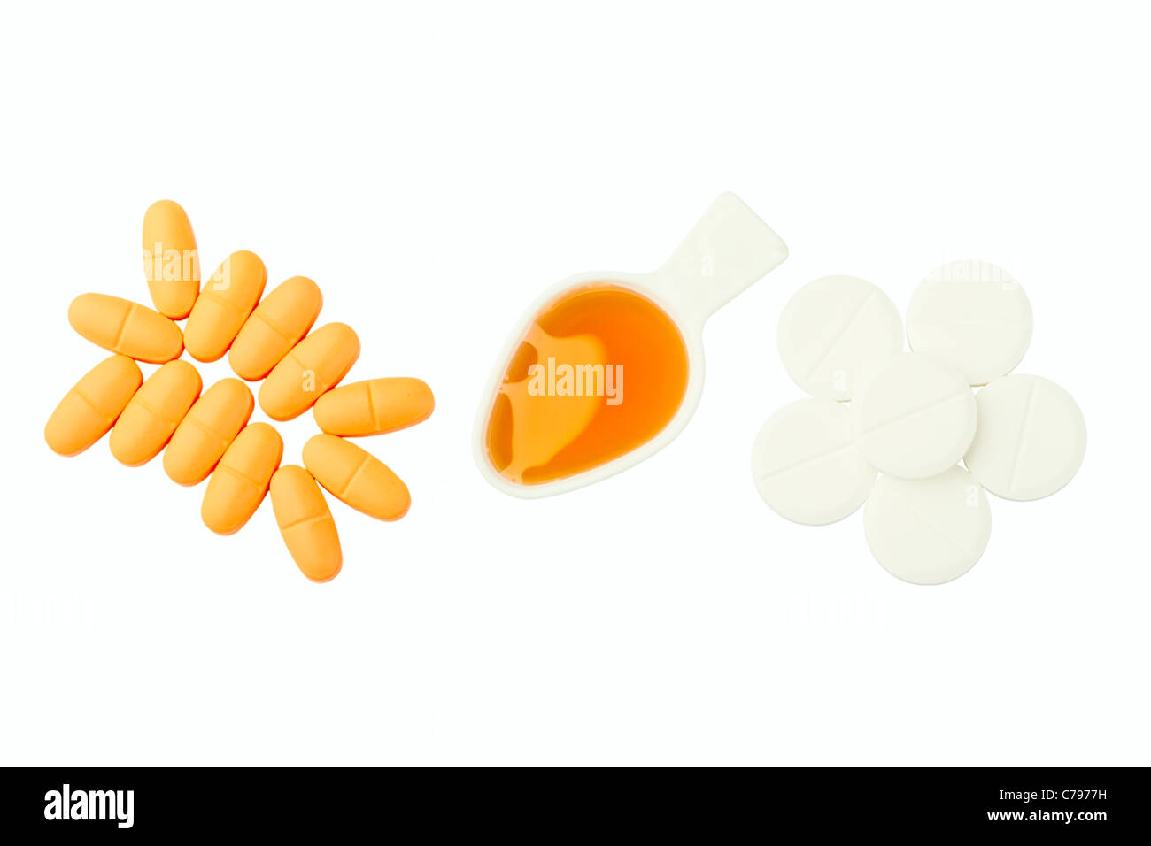 tablets and a medical syrup isolated on a white background Stock Photo ...