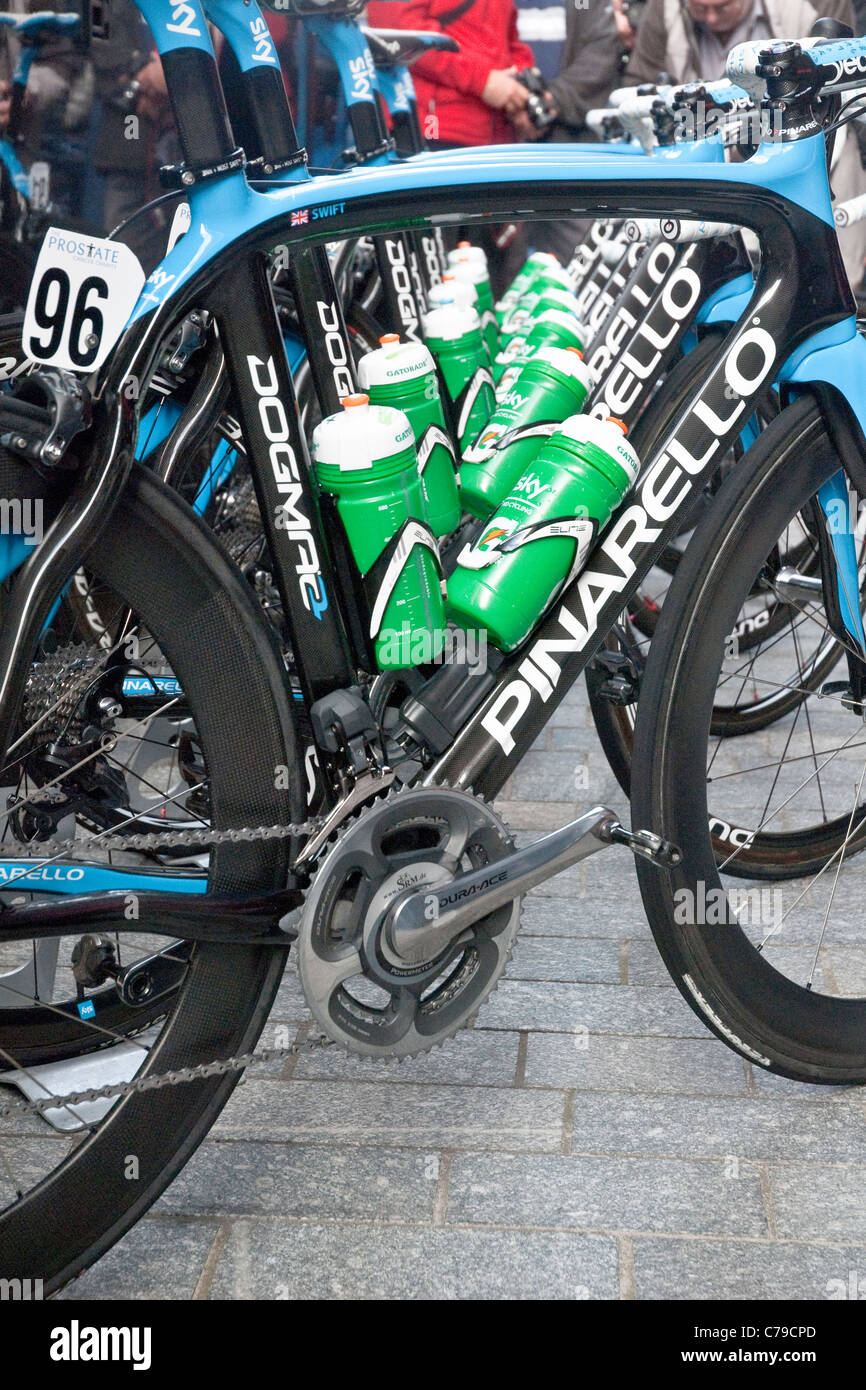 The bicycles of Sky ProCycling Team parked outside the team coach Stock ...