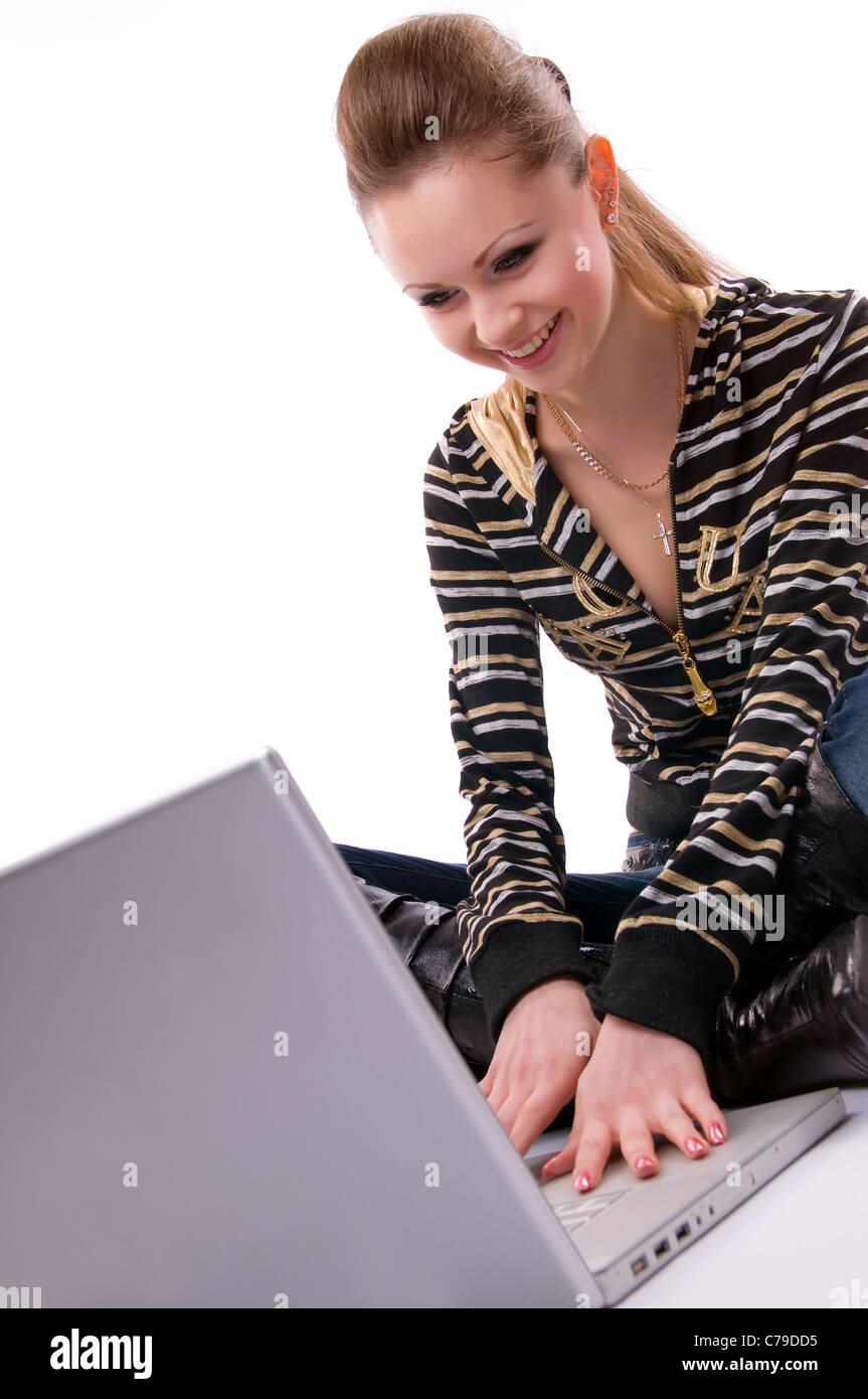 woman with a laptop on an isolated background Stock Photo - Alamy