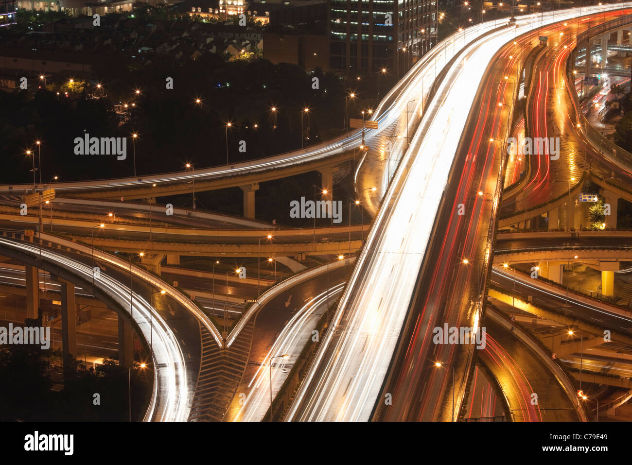 Car trails on Yan'an Rd East Interchange; Luwan; Shanghai; China Stock ...