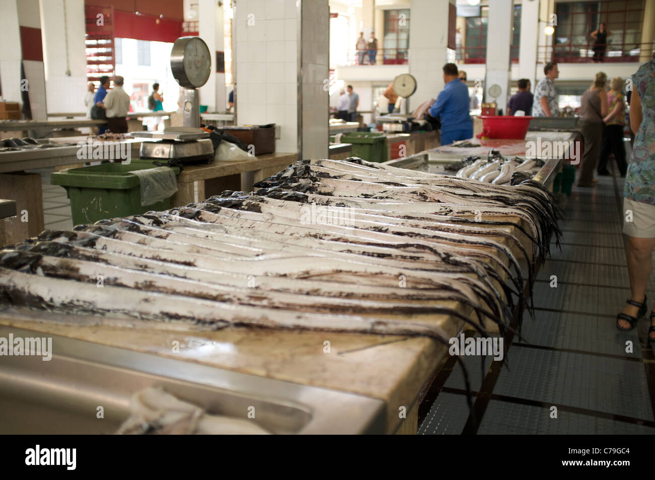 Fish market Madeira, Portugal showing black scabbardfish, Aphanopus ...