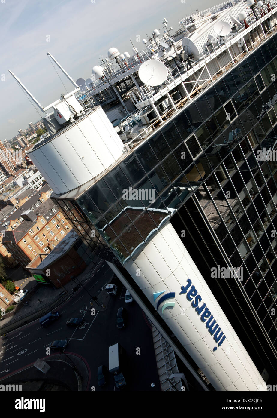Satellite dishes on roof of Inmarsat building, Old Street, London Stock ...