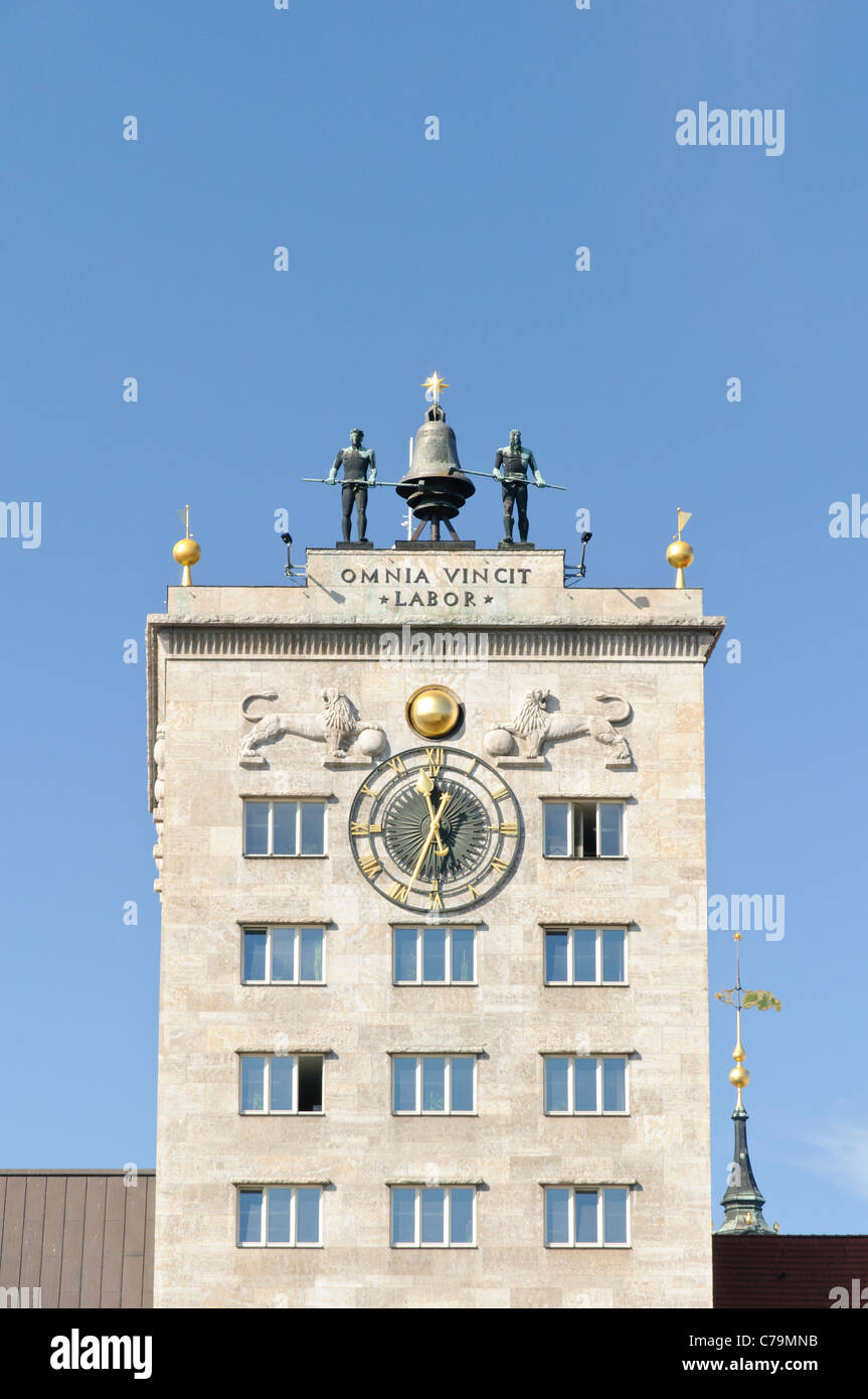 Bell men, Krochhochhaus building, Augustusplatz square, Leipzig, Saxony ...